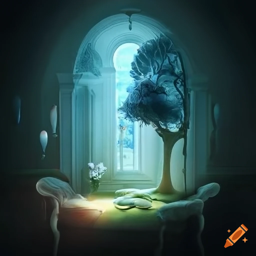 Surrealism painting with a half moon, door, and flower base character ...