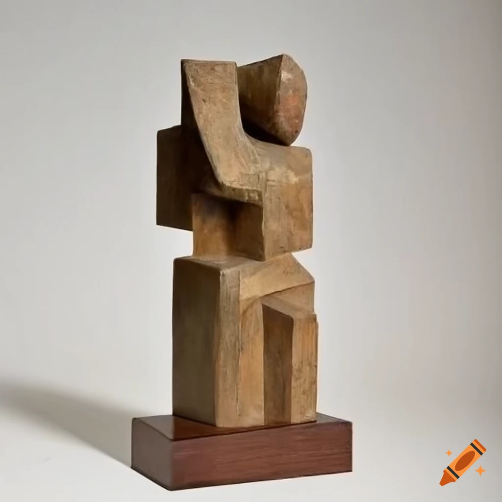 Cubist sculpture of a female figure in rough painted wood on Craiyon