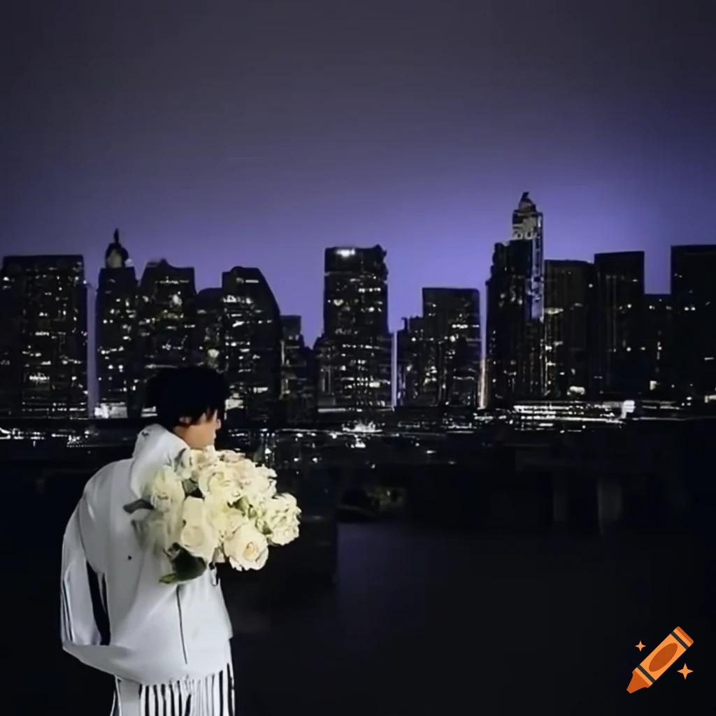 Taehyung from bts with white roses in front of a mercedes-benz on Craiyon