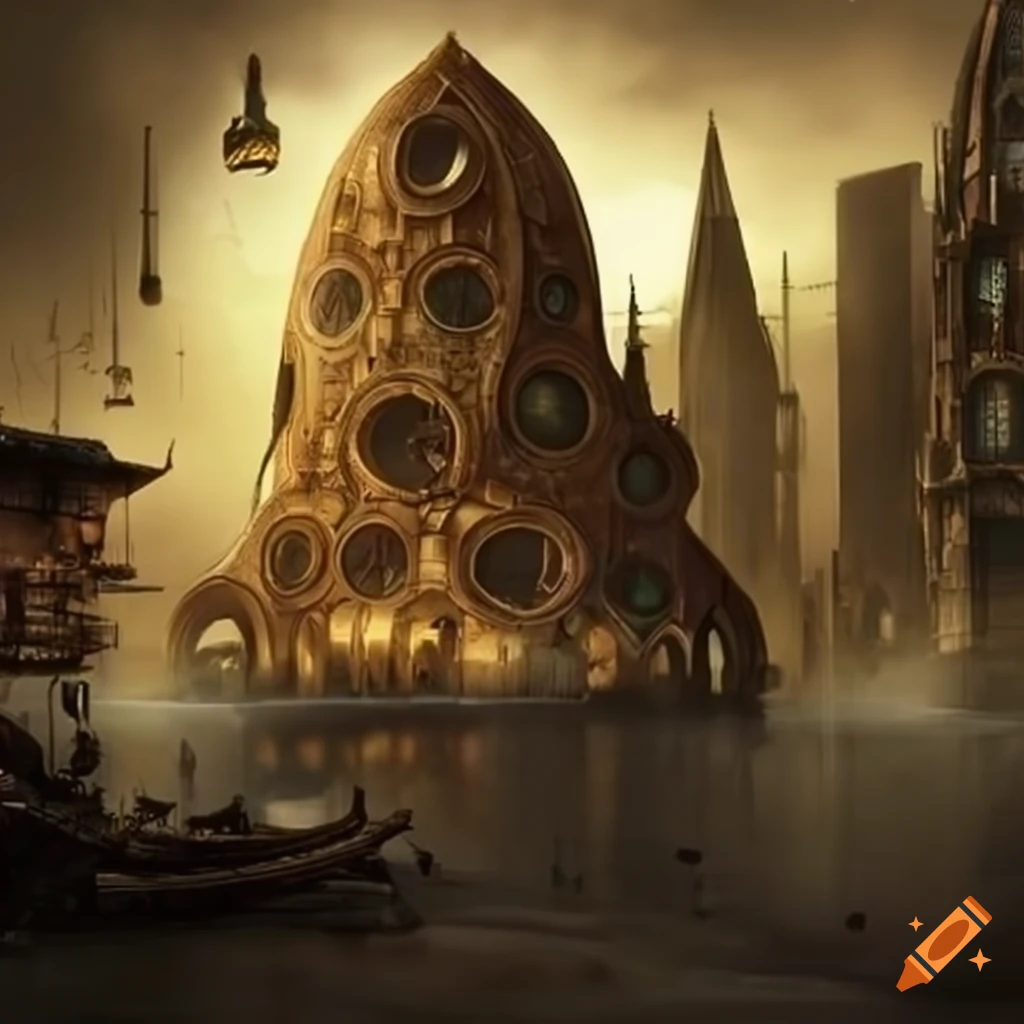 Biomorphic steampunk cityscape on Craiyon