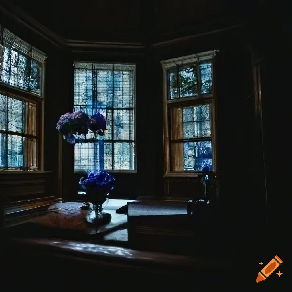 Night scene of a study room with a glowing blue flower on Craiyon