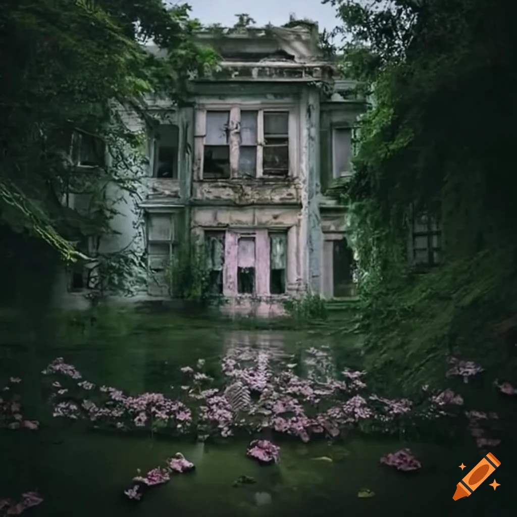 Abandoned mansion overgrown with moss and flowers on Craiyon
