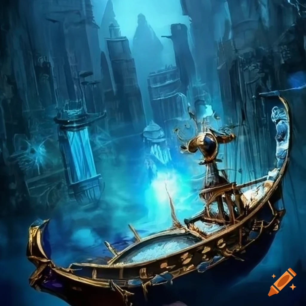 Steampunk blue crystal magic boat artwork