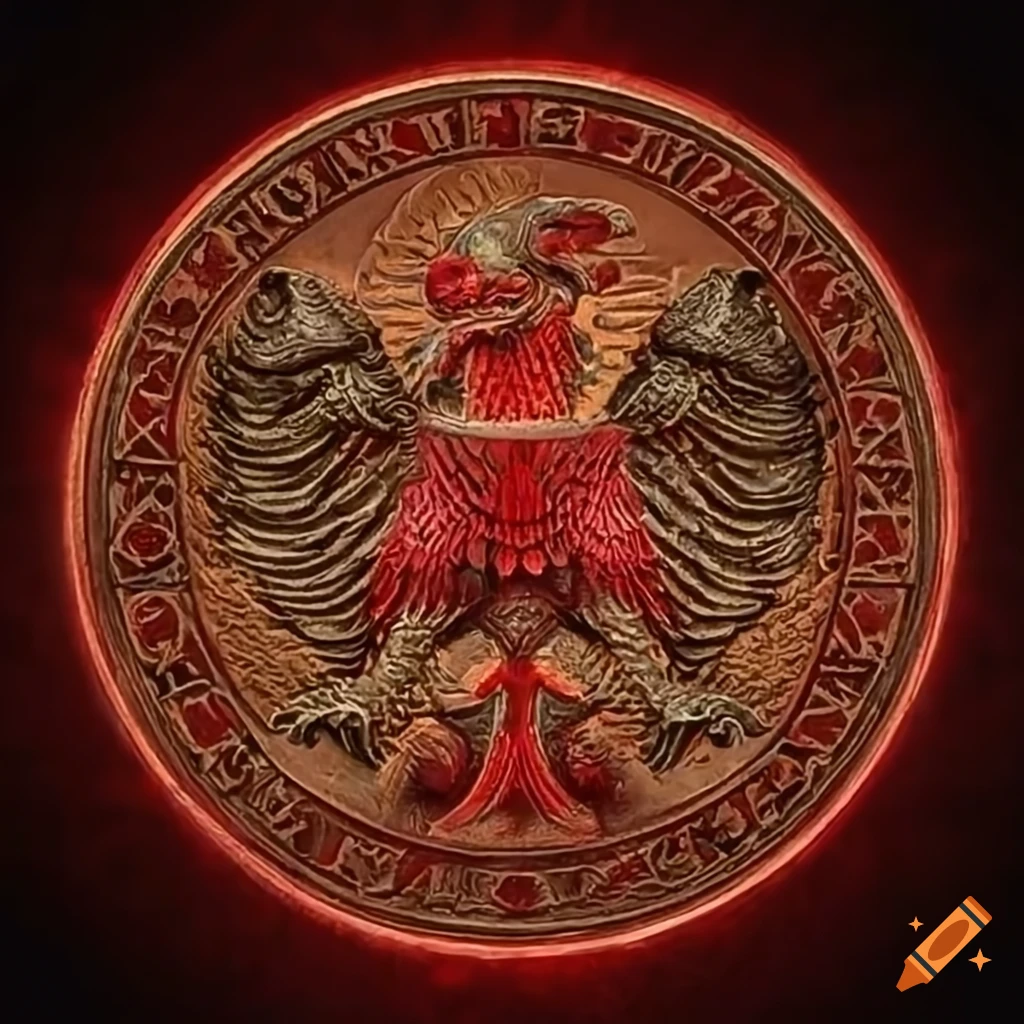 Coin emblem featuring a red XV and a ancient griffin design on Craiyon