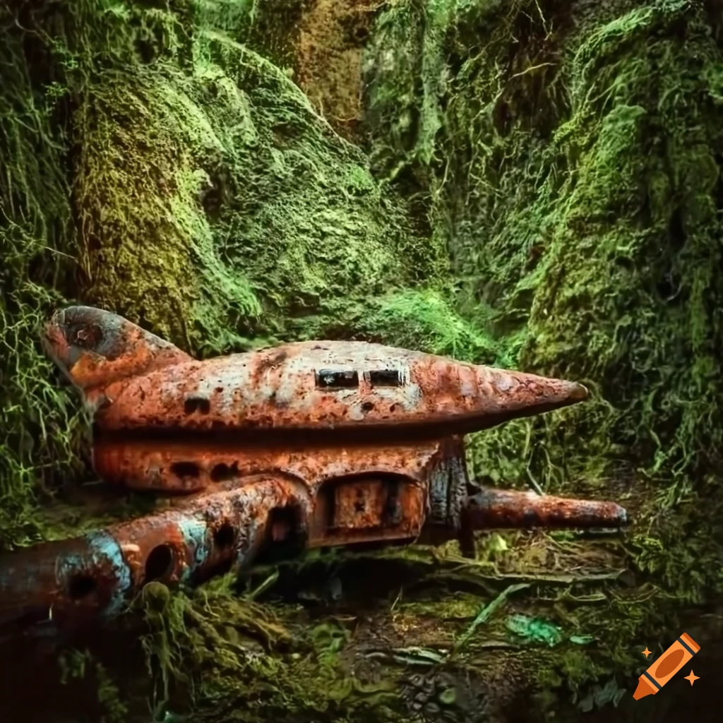 Jungle with abandoned rusted spaceship and aztec ruins on Craiyon