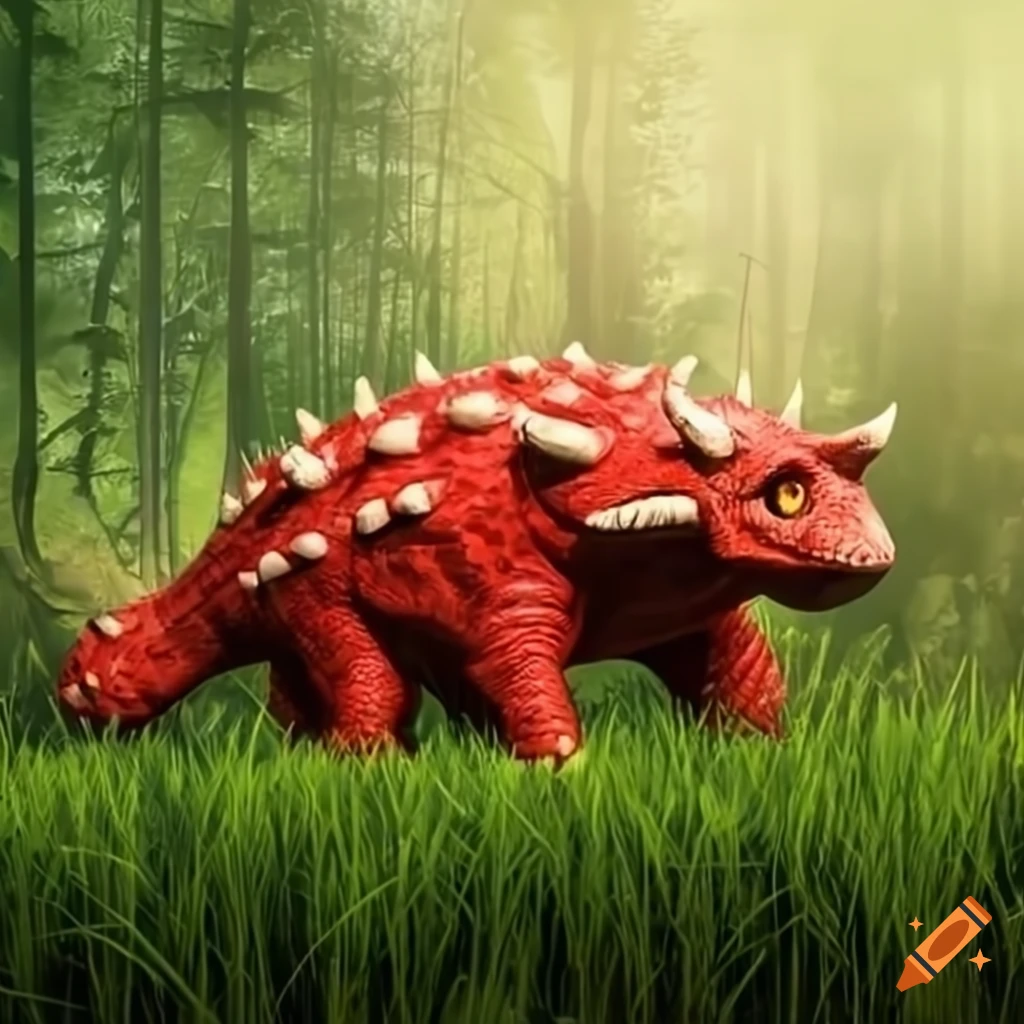 Giant red ankylosaurus in tall grass