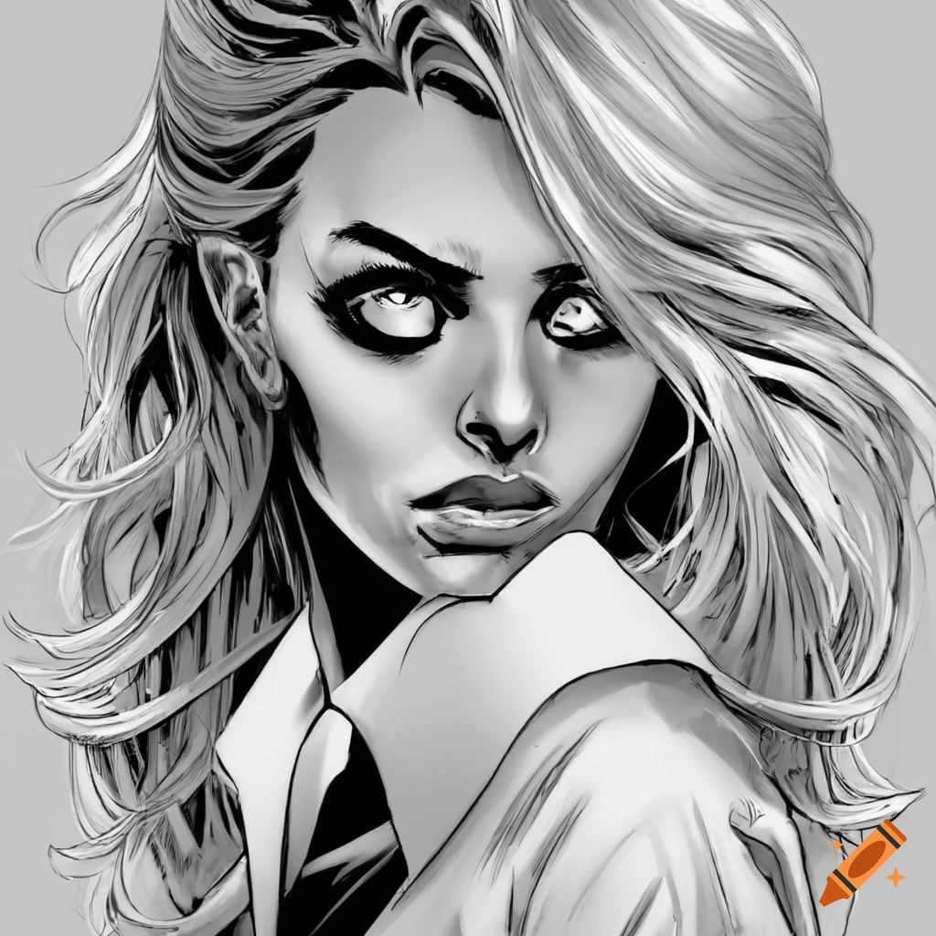 Ink comic art of blonde woman in white shirt on Craiyon