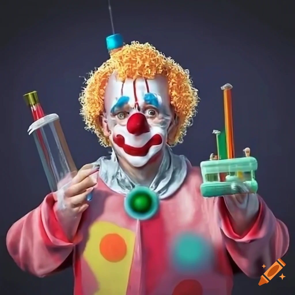 Satirical image of a clown scientist in a chemistry lab on Craiyon