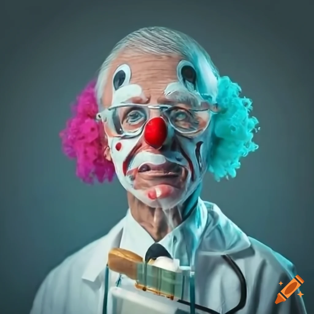 Satirical illustration of a clown scientist in a chemistry lab on Craiyon