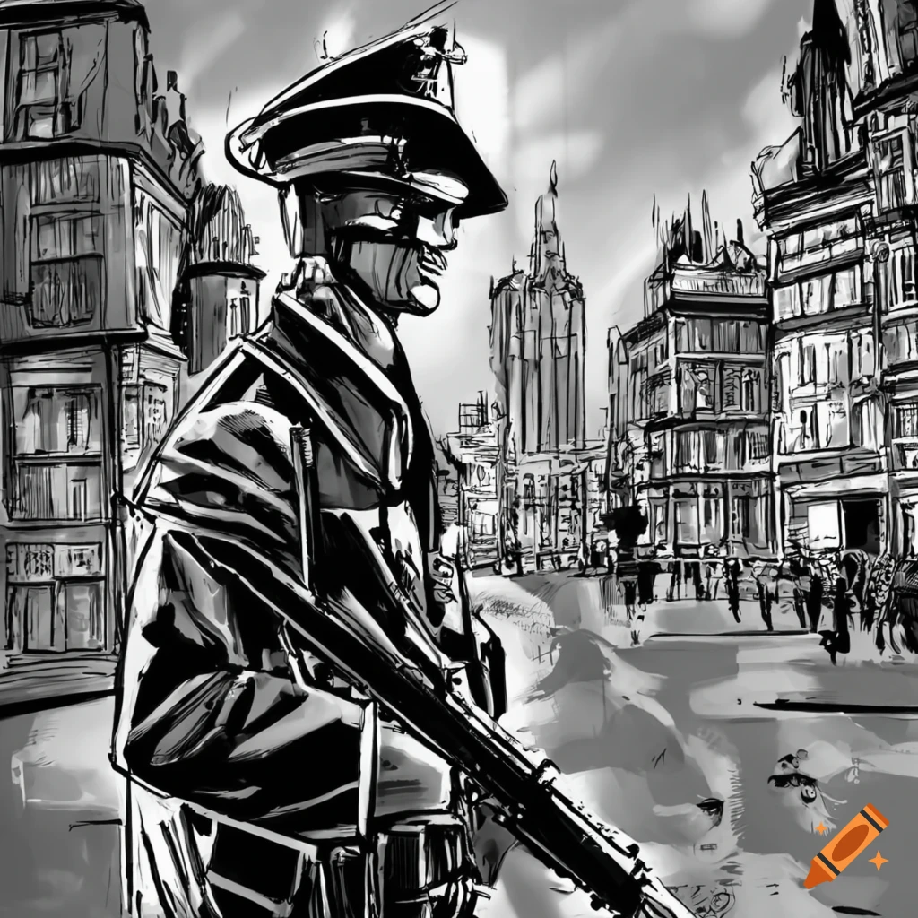 Black and white comic book art of German soldier on guard in city ...