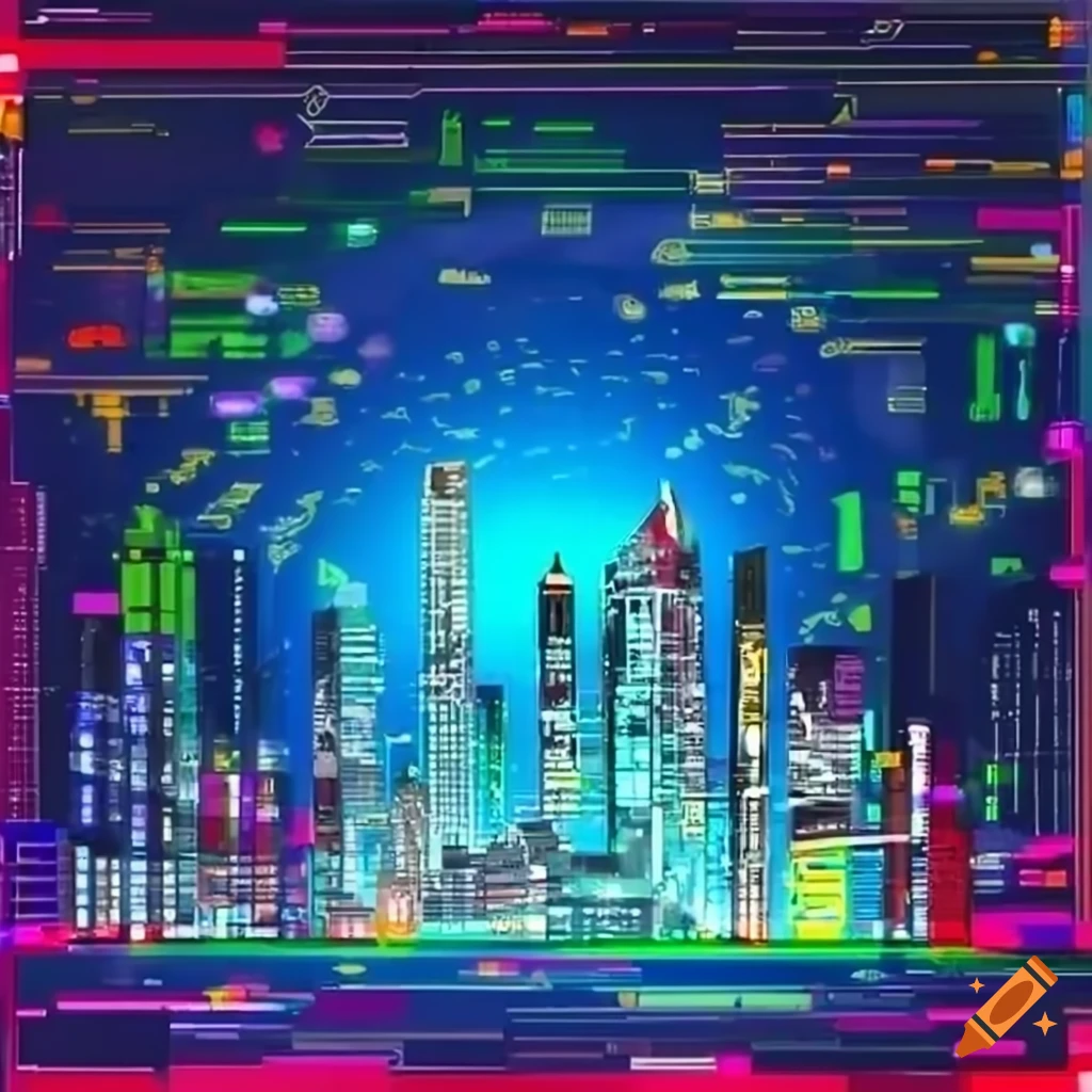 Futuristic cityscape made of code and flowing data on Craiyon