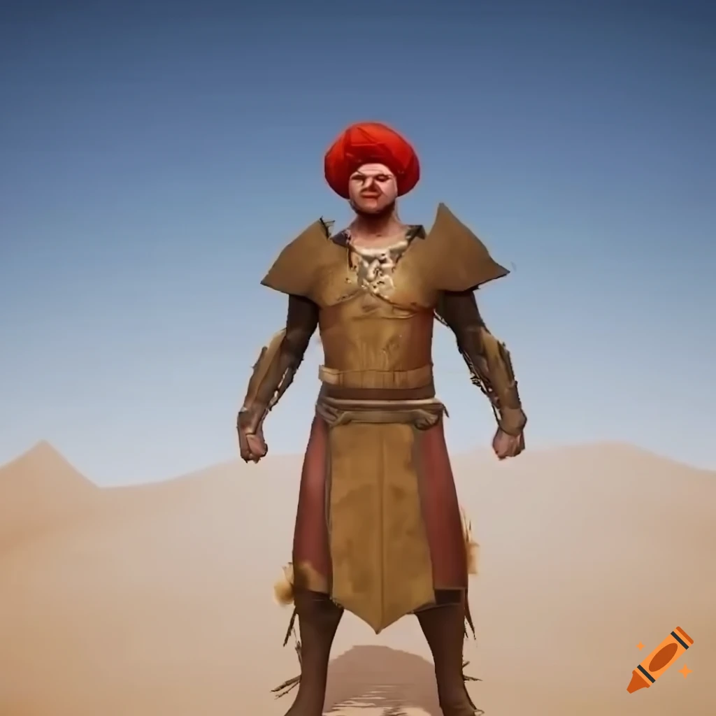 Render of a red-haired elf warrior with a turban hat in a desert on Craiyon