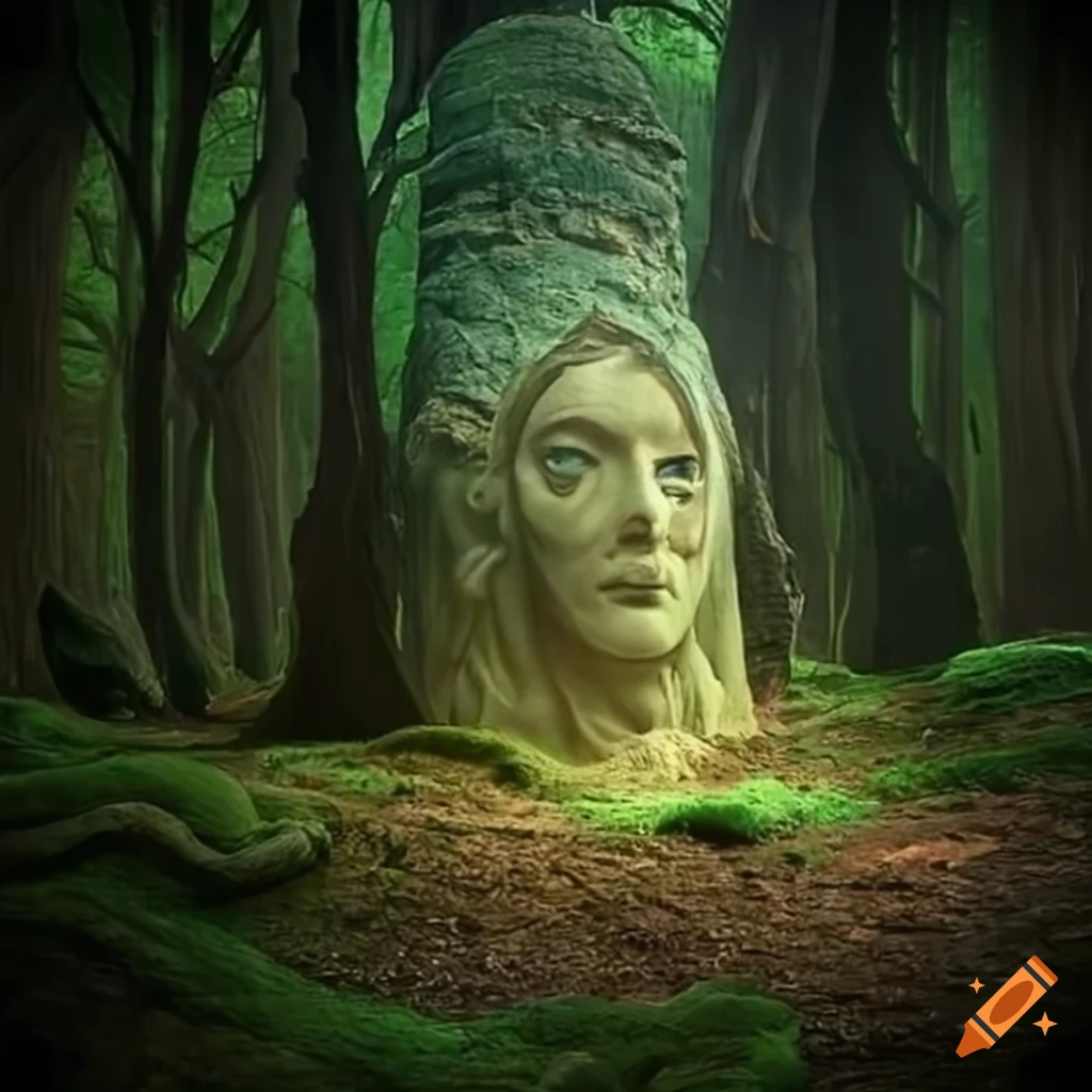 Man in yellow jacket praying to a giant statue in the woods on Craiyon