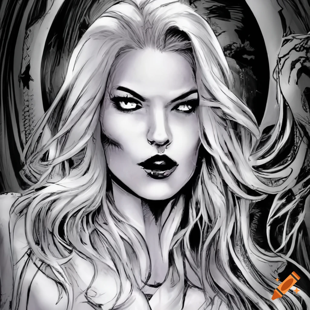 Ink comic artwork of a blond woman in a white collar shirt on Craiyon