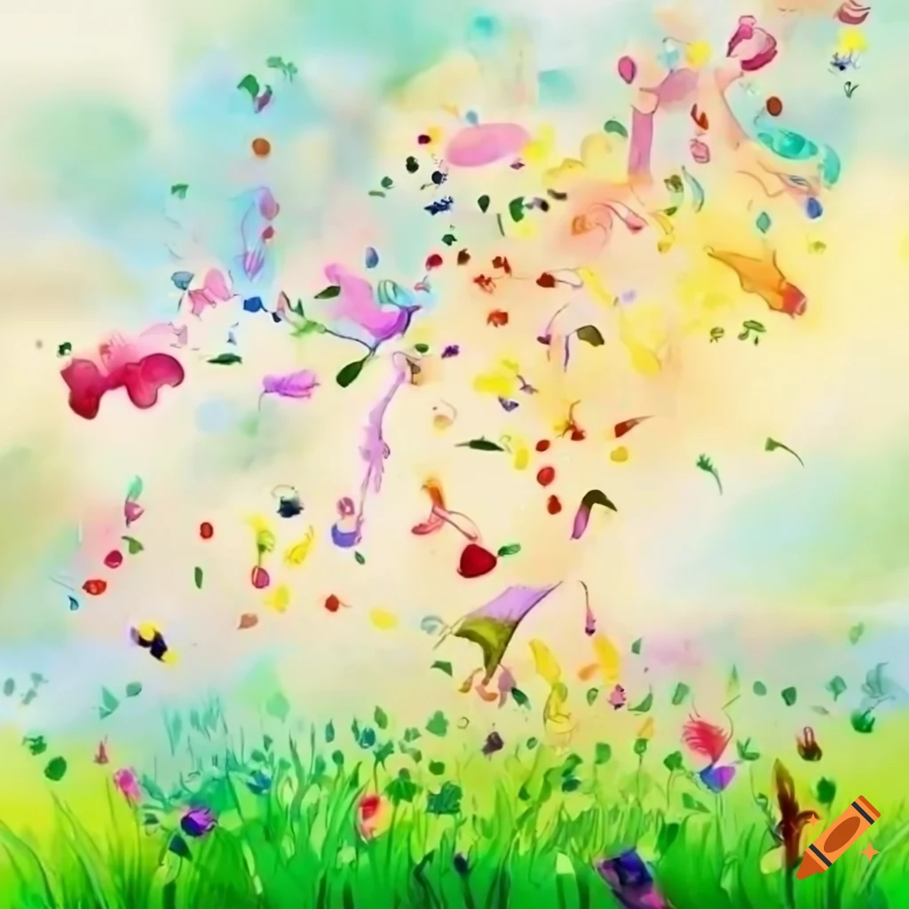 Cartoon image of magical flower seeds falling on a grassy field on Craiyon