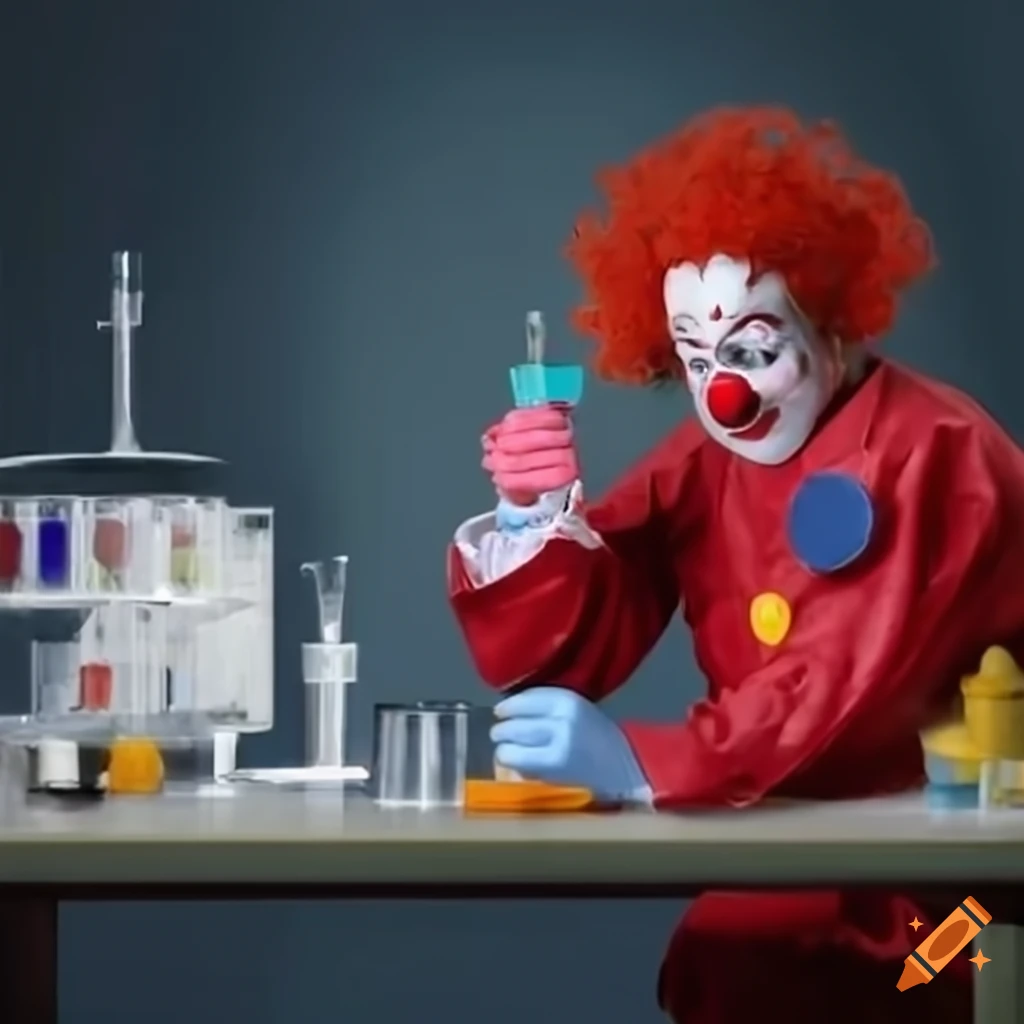 Satirical image of a clown scientist in a chemistry laboratory on Craiyon