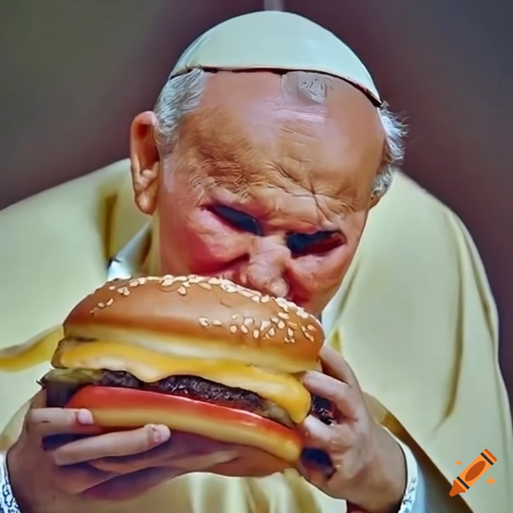 Humorous portrayal of John Paul II enjoying a cheeseburger on Craiyon
