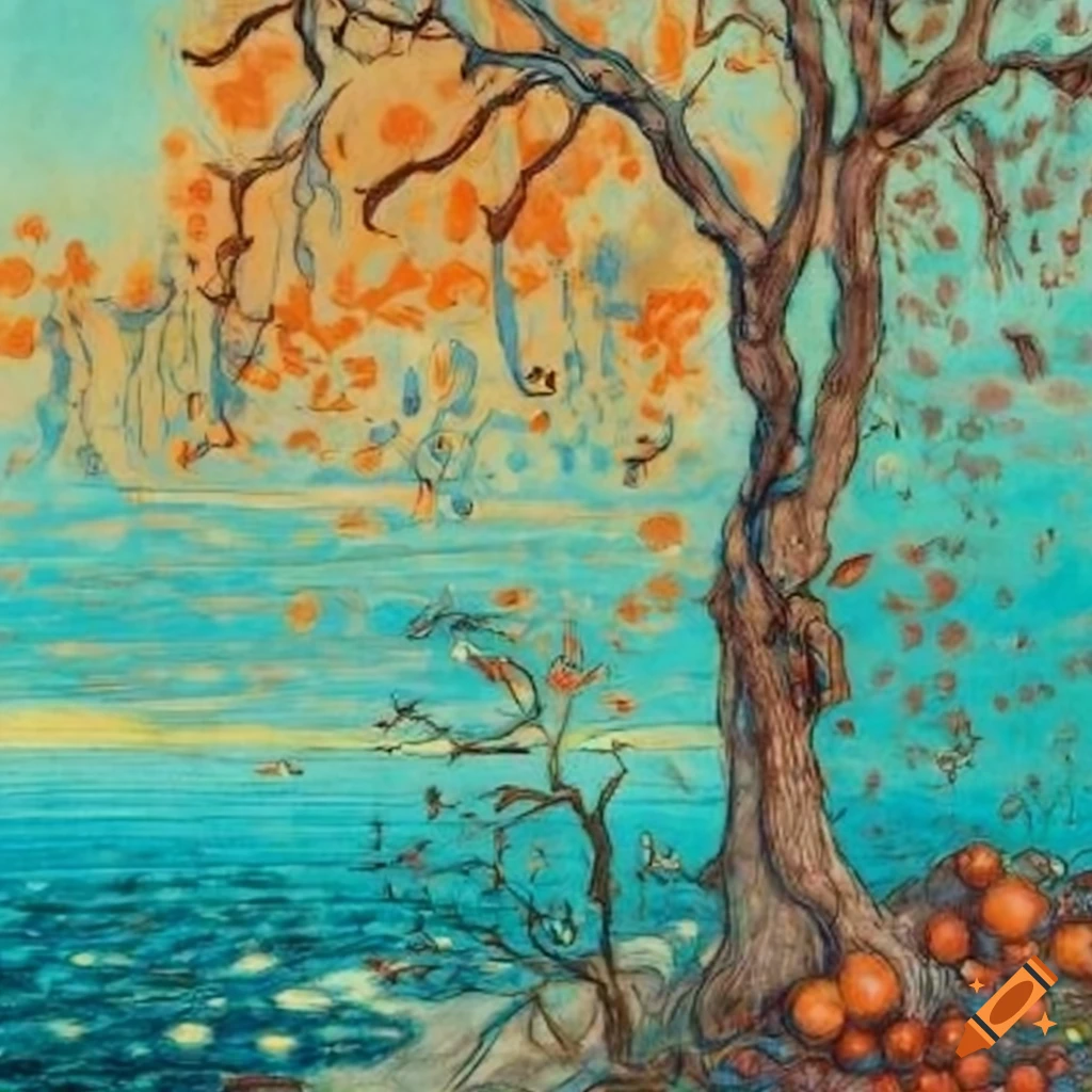 Colorful ukiyo-e artwork of persimmon trees and cliffs on Craiyon