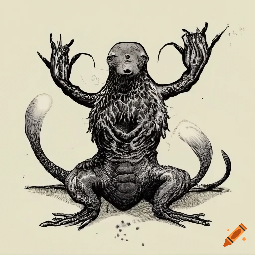 Detailed etching of a Lovecraftian insect-otter hybrid on Craiyon