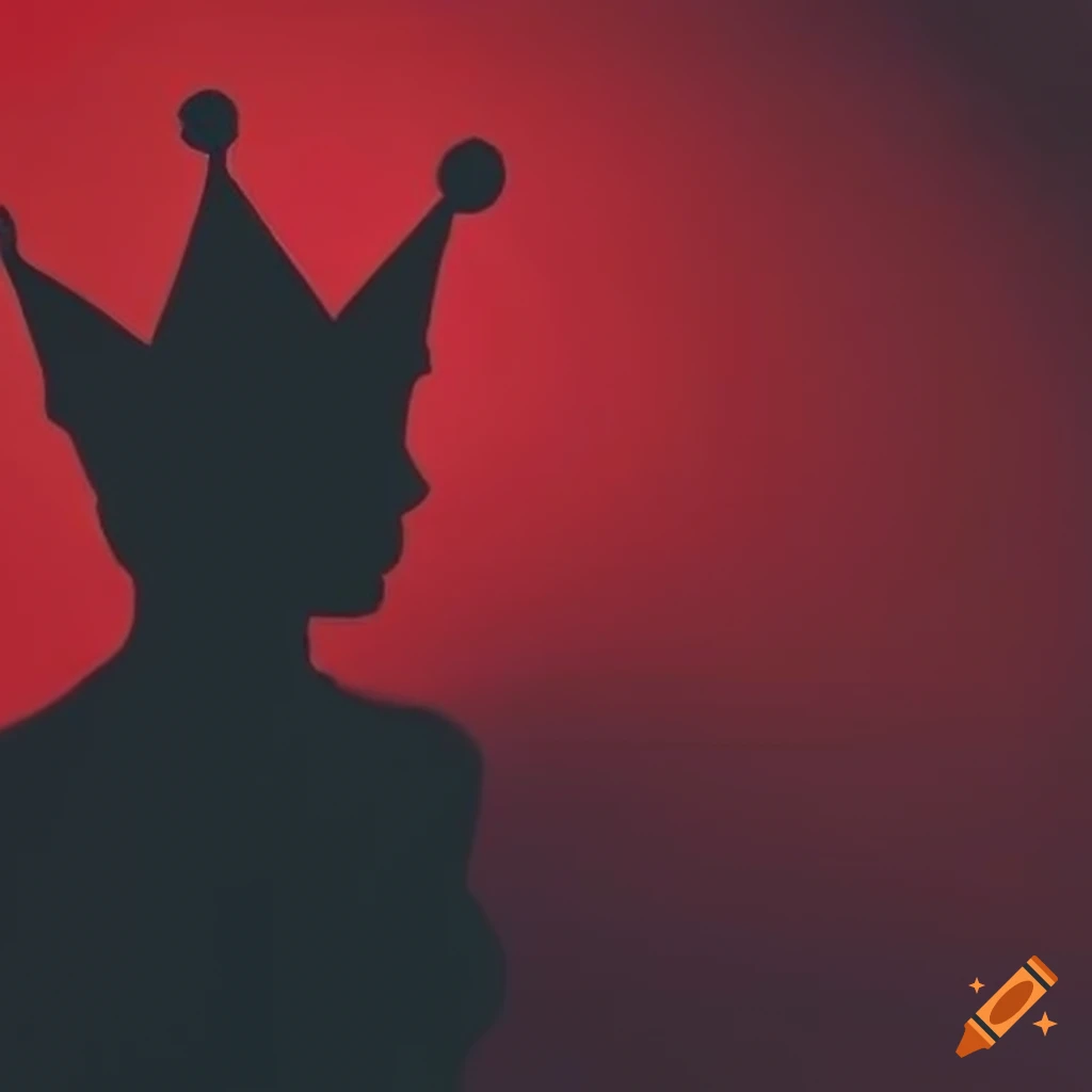 Abstract artwork of a black shadow with a crown on red background