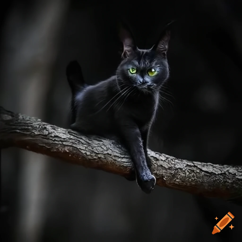 Black cat perched on a tree branch