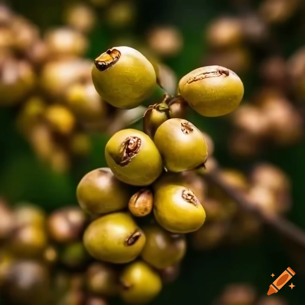 Coffee trees with golden beans in cinematic lighting on Craiyon