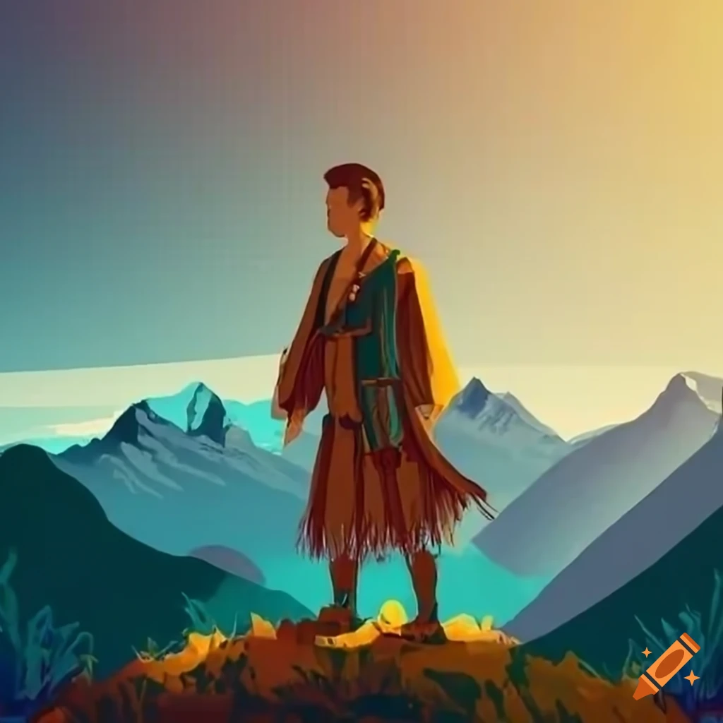 Explorer in traditional clothing exploring a mountain valley