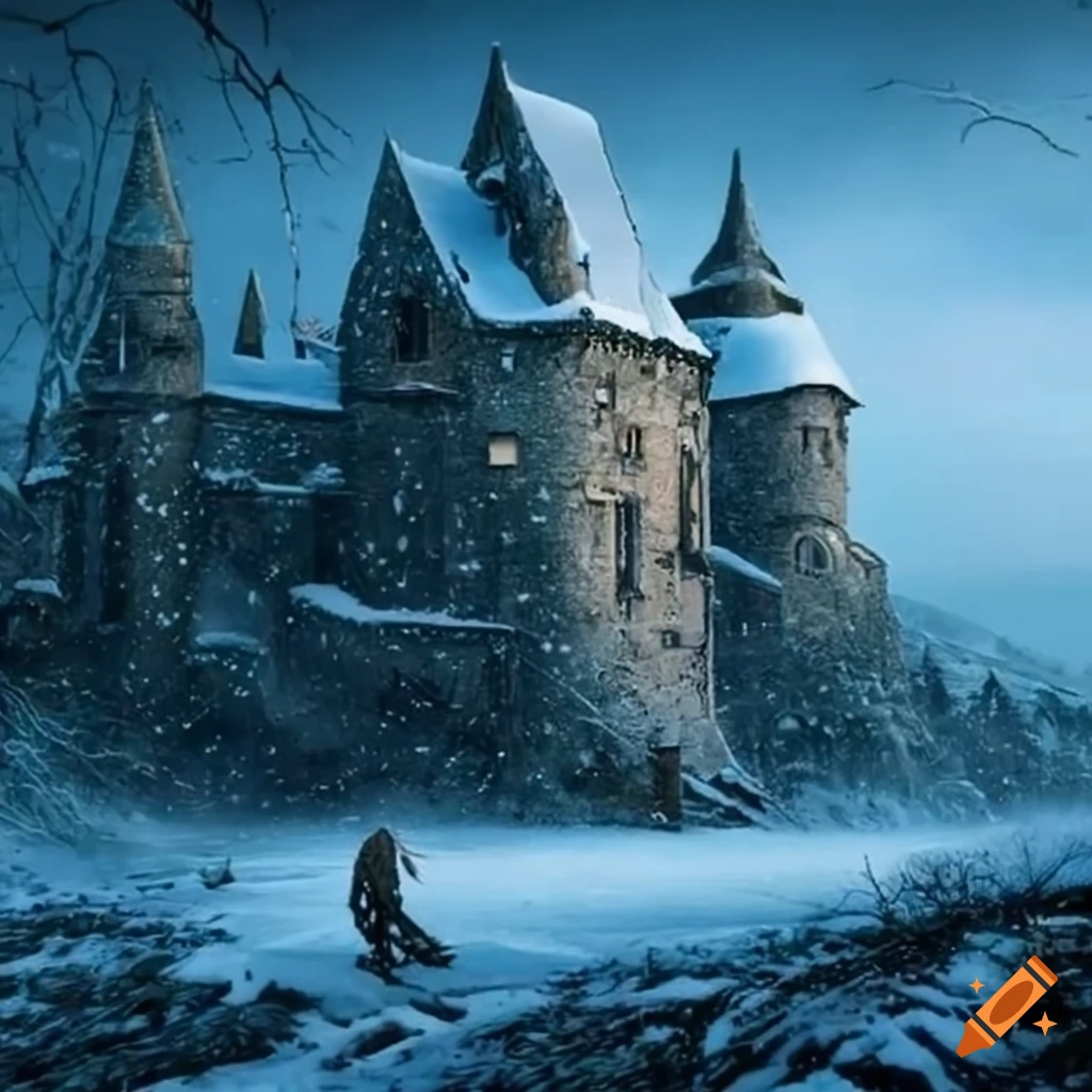 Snowy castle with elves in a snowstorm on Craiyon