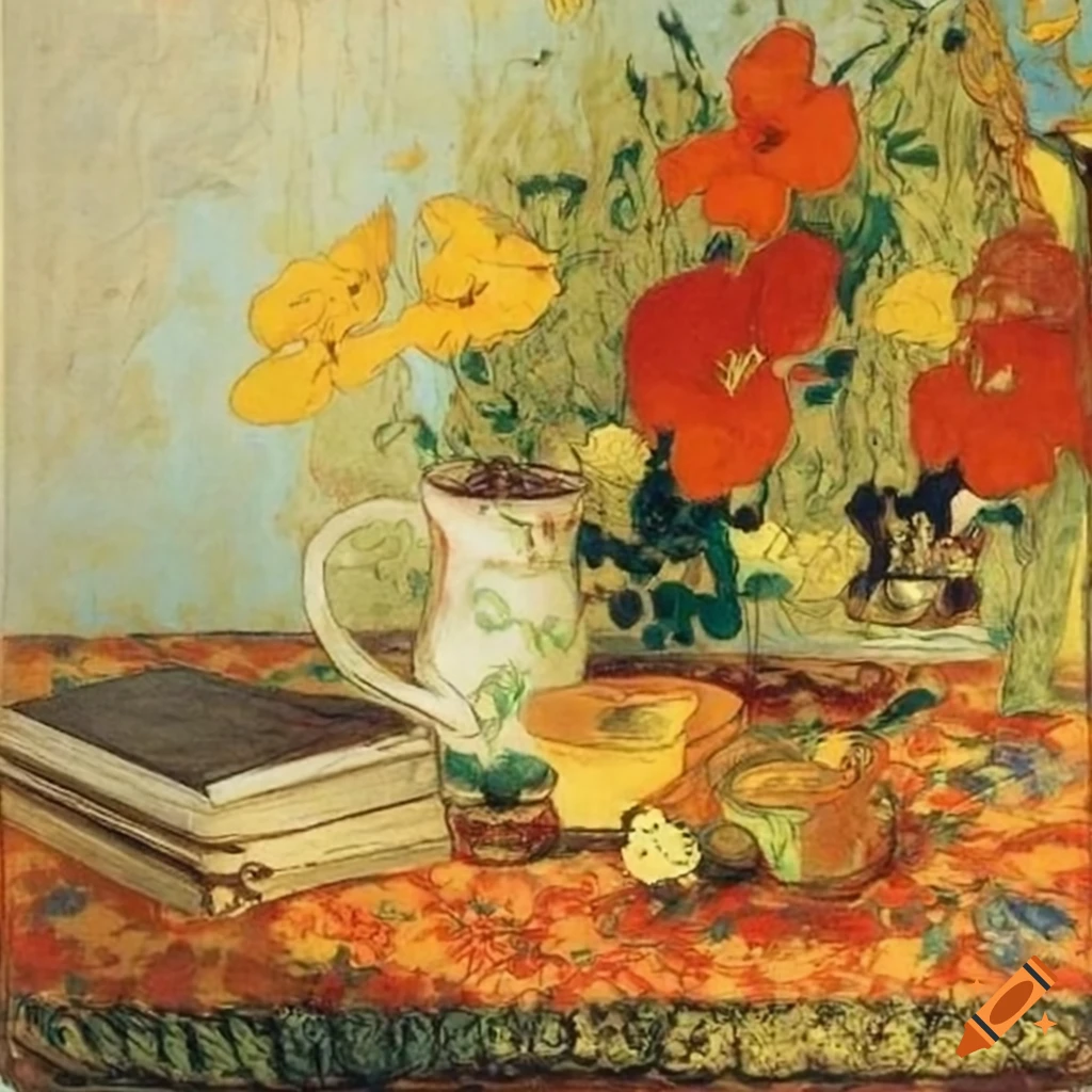 Still life of a farm table with books, vases of wildflowers, and linen ...
