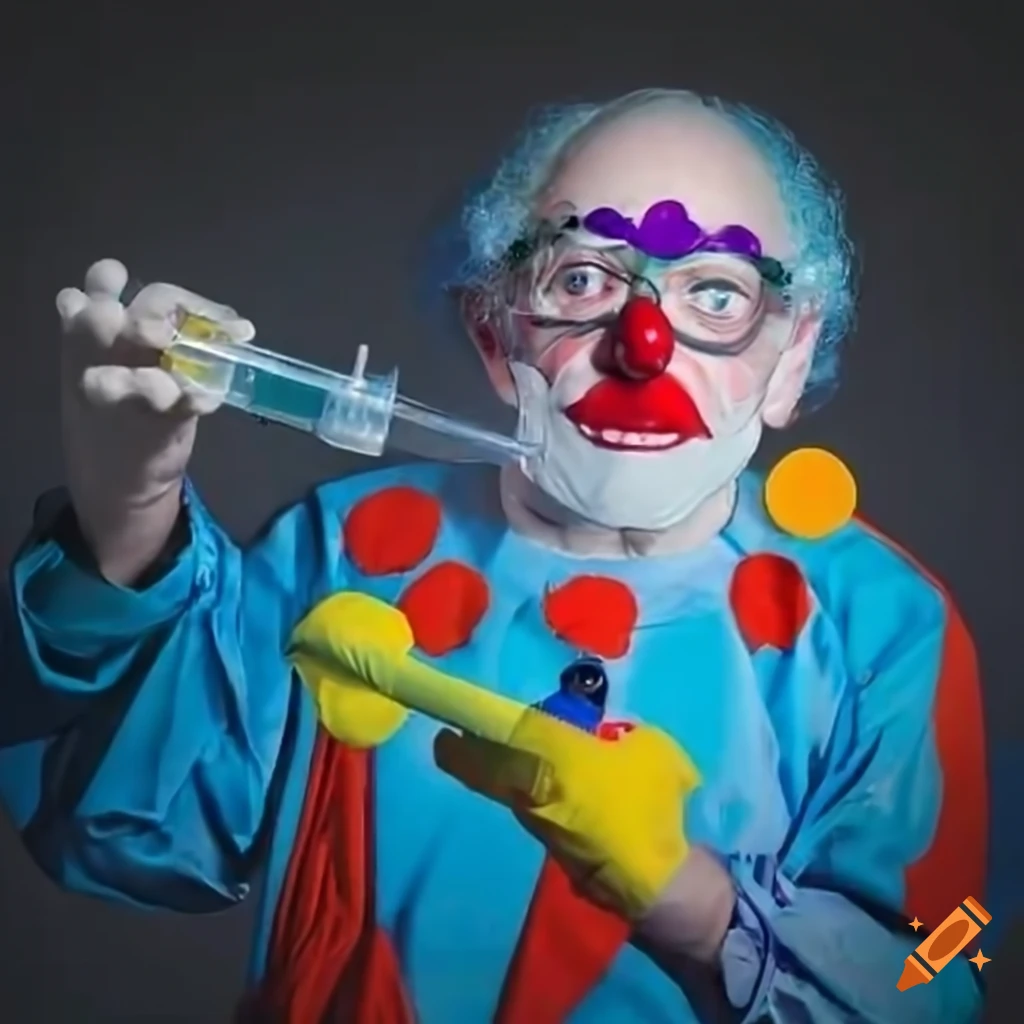Satirical image of a scientist dressed as a clown conducting ...
