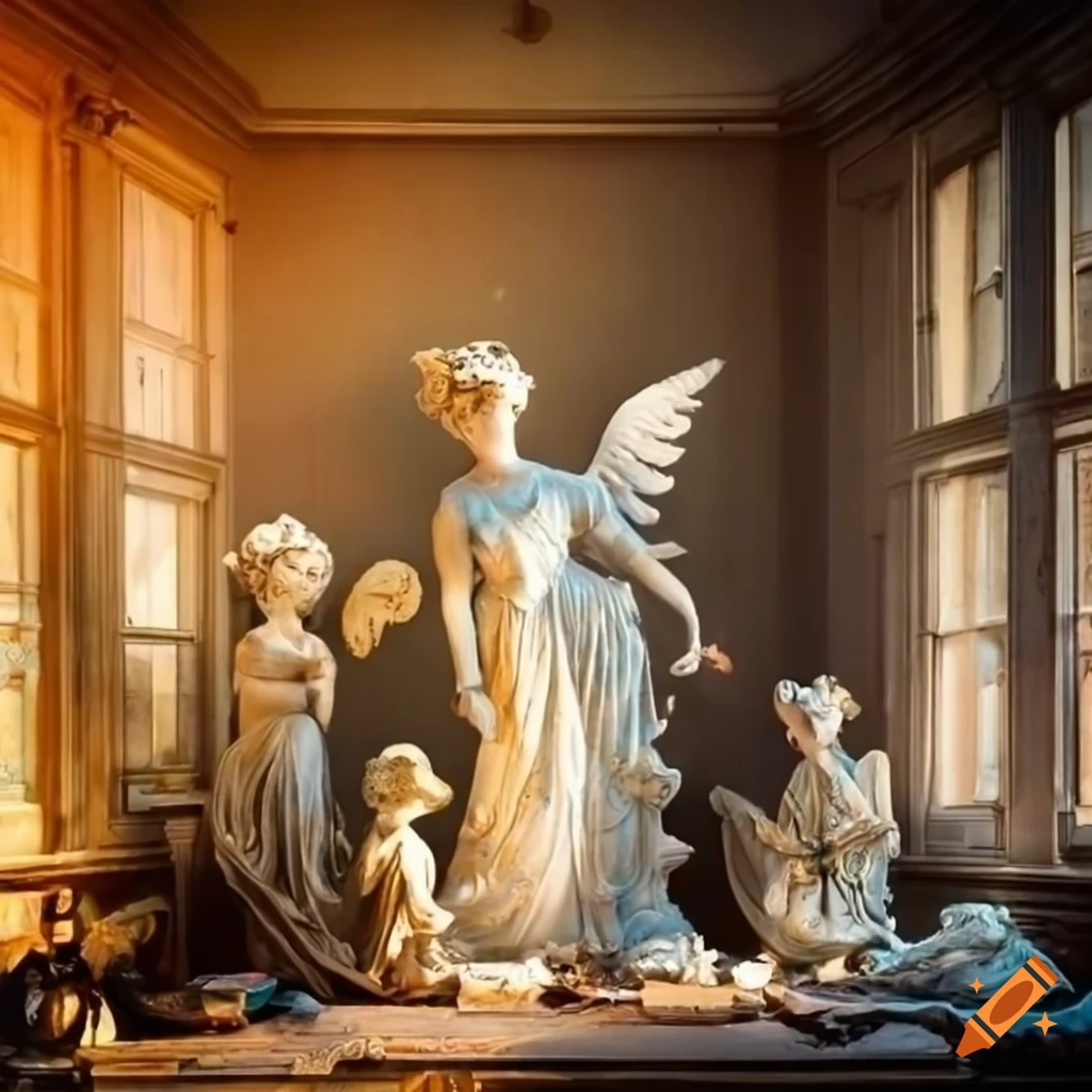 Cluttered victorian art studio with angel statues on Craiyon