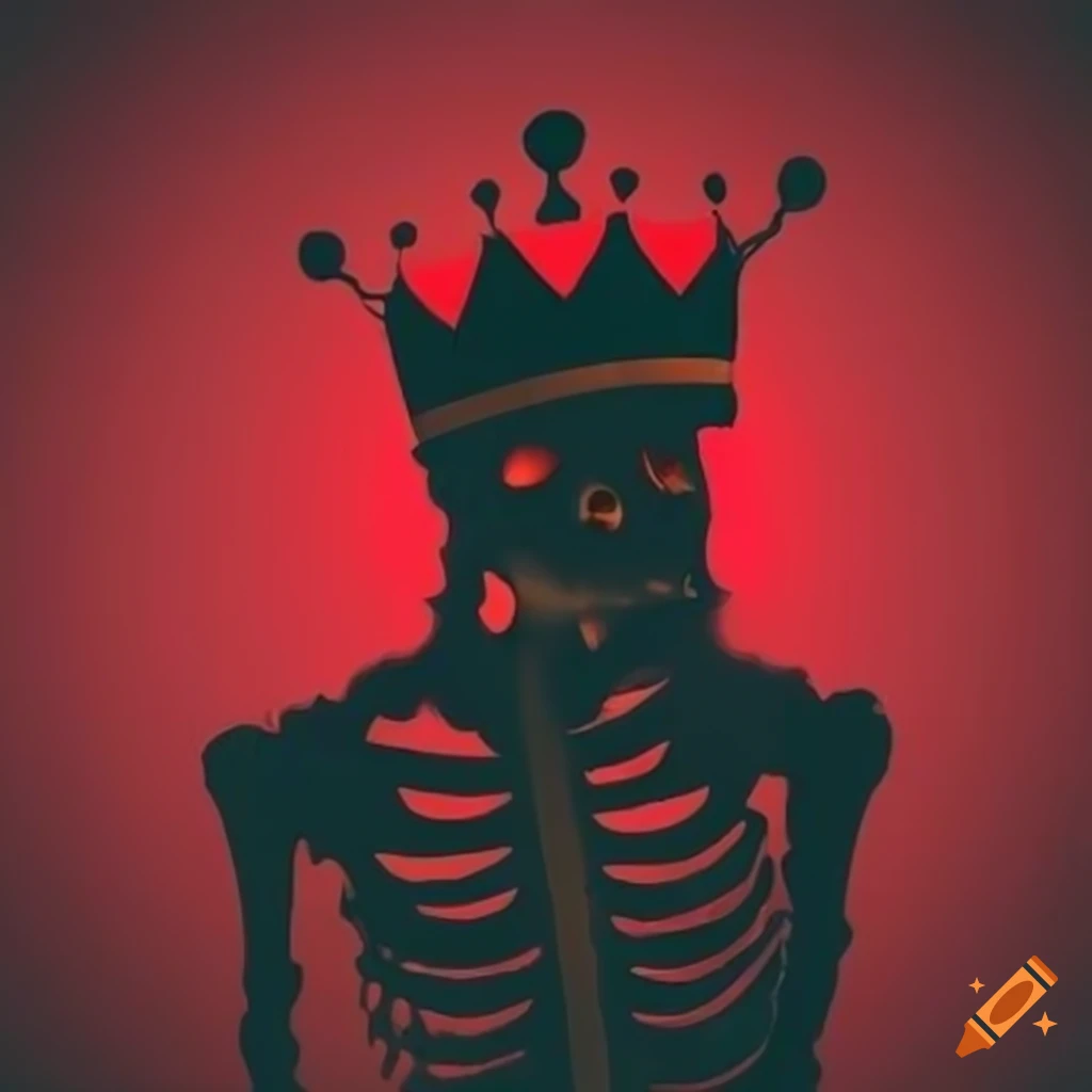 Red background with a skeleton wearing a crown