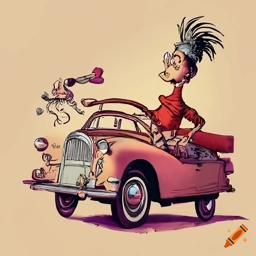 Colorful humorous illustration of a man repairing an oldtimer car on ...