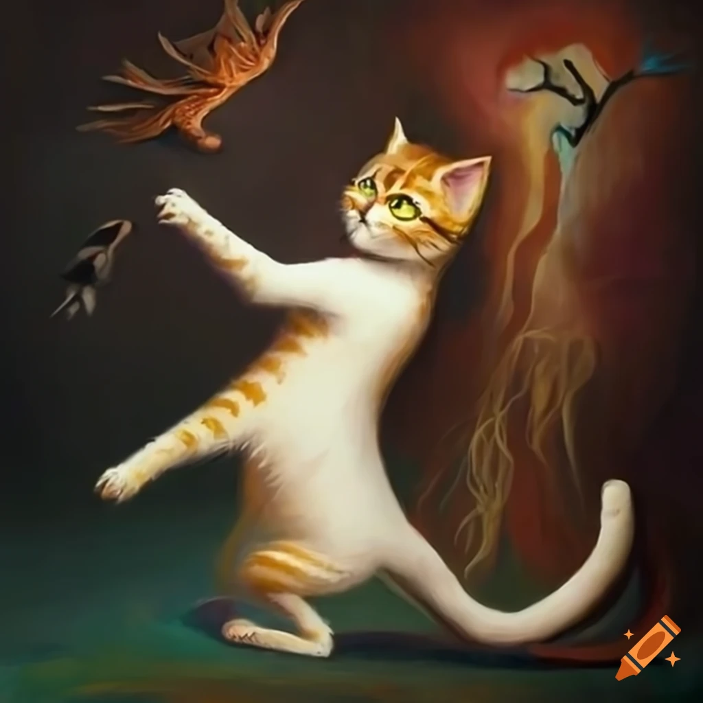 Surreal painting of a dancing cat on Craiyon