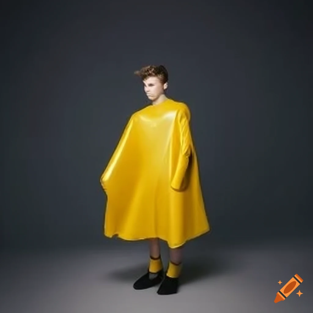 Teenager wearing a yellow rubber tunic