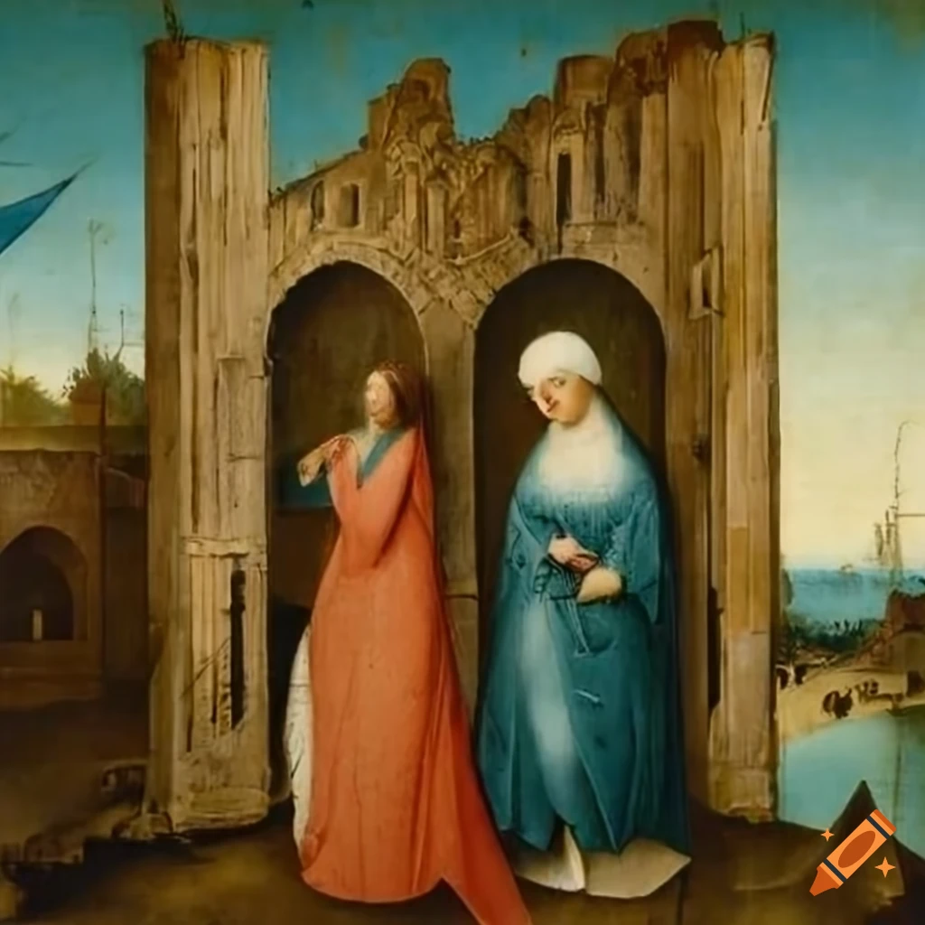 Hieronymous bosch painting of a woman near temple ruins on Craiyon