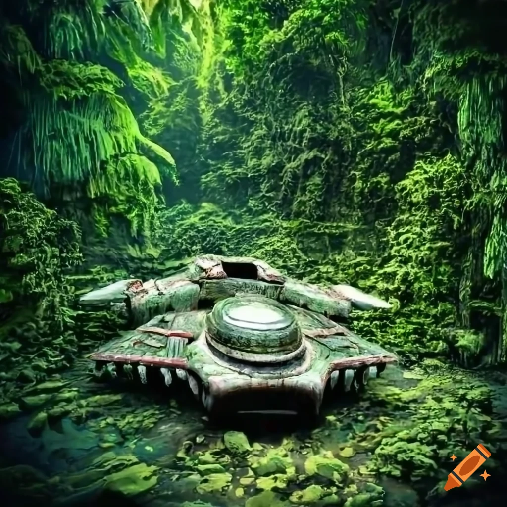 Image of abandoned spaceship in a jungle with aztec ruins on Craiyon