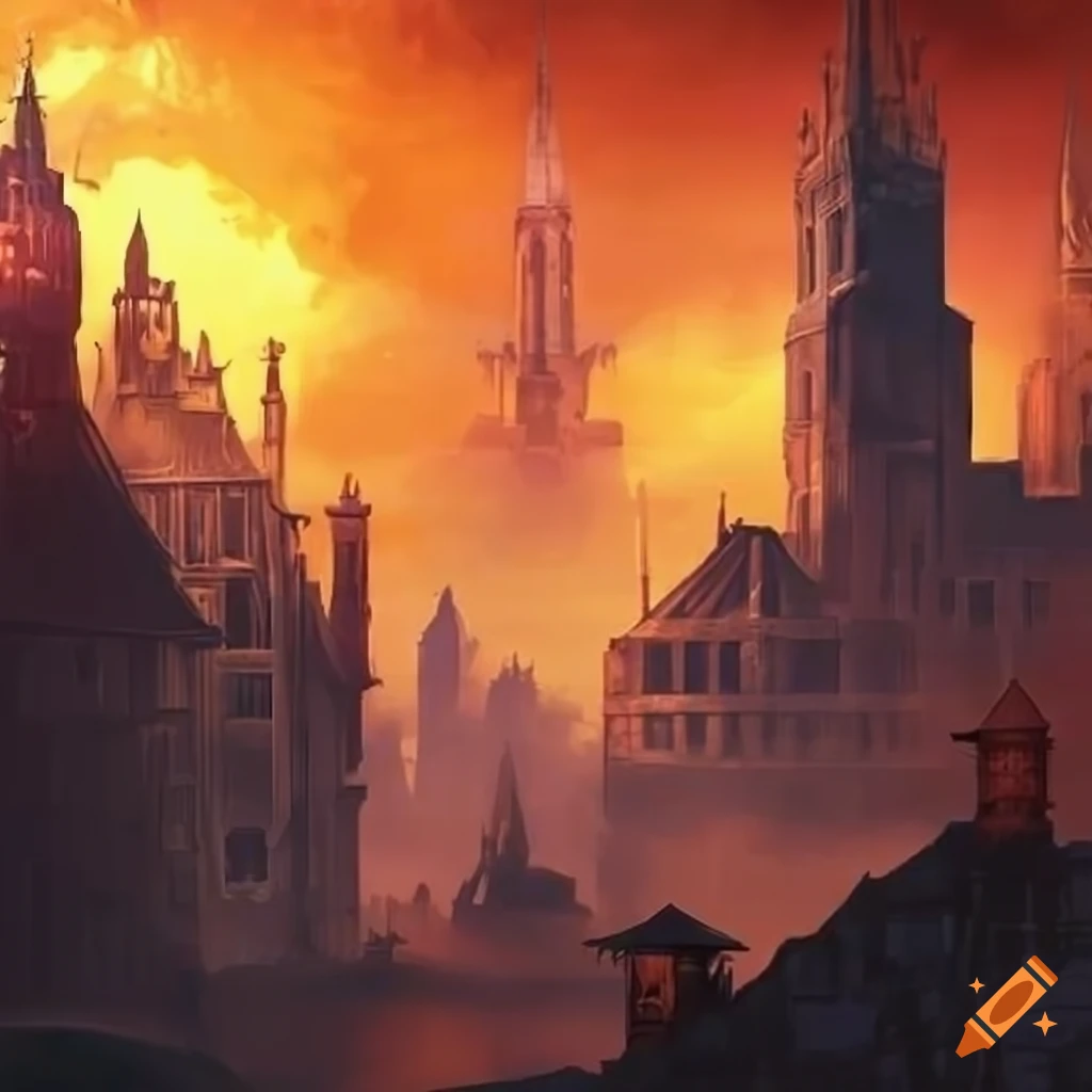 Smoke and fire on the horizon of a medieval fantasy city