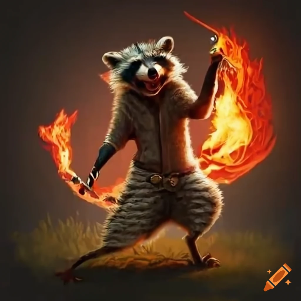 Illustration of raccoon warrior fighting a dragon on Craiyon