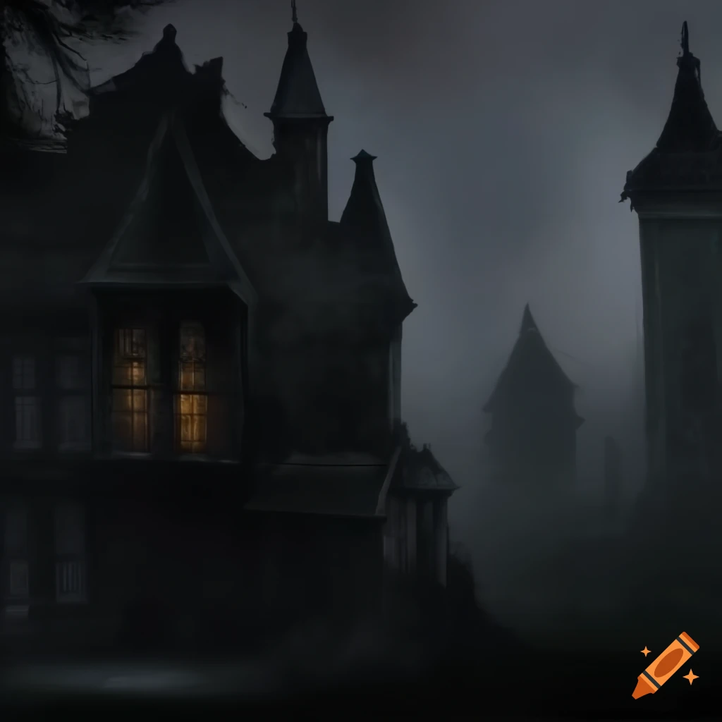 Book cover with a dark manor surrounded by mist on Craiyon