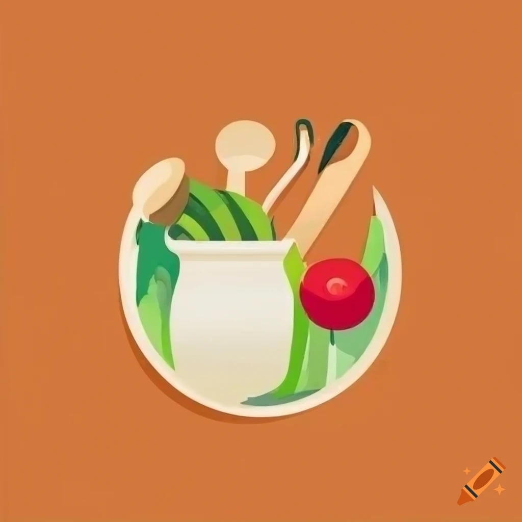 Circle logo with illustrations of fresh ingredients and cooking tools ...