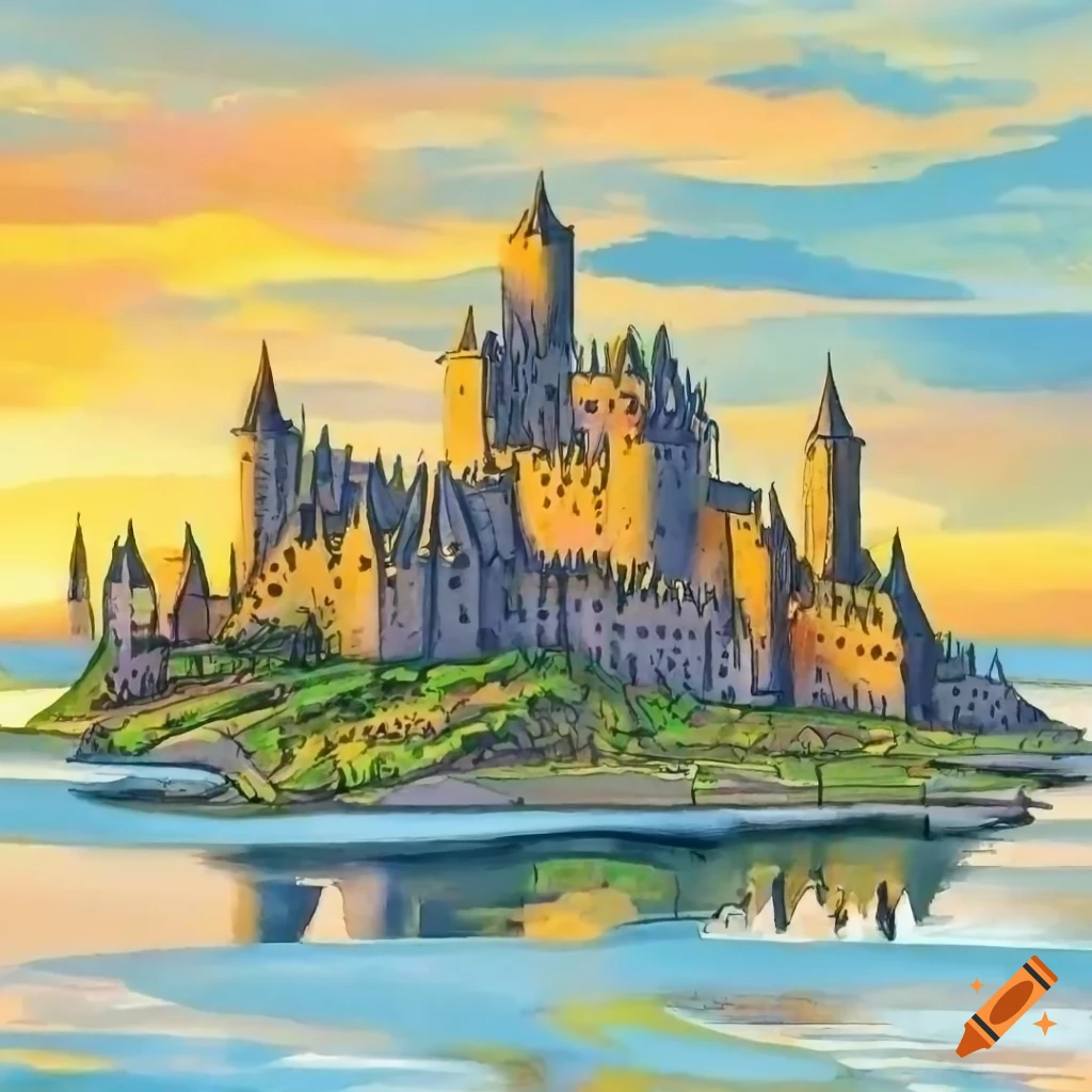 Pen and ink illustration of a castle and medieval village on Craiyon