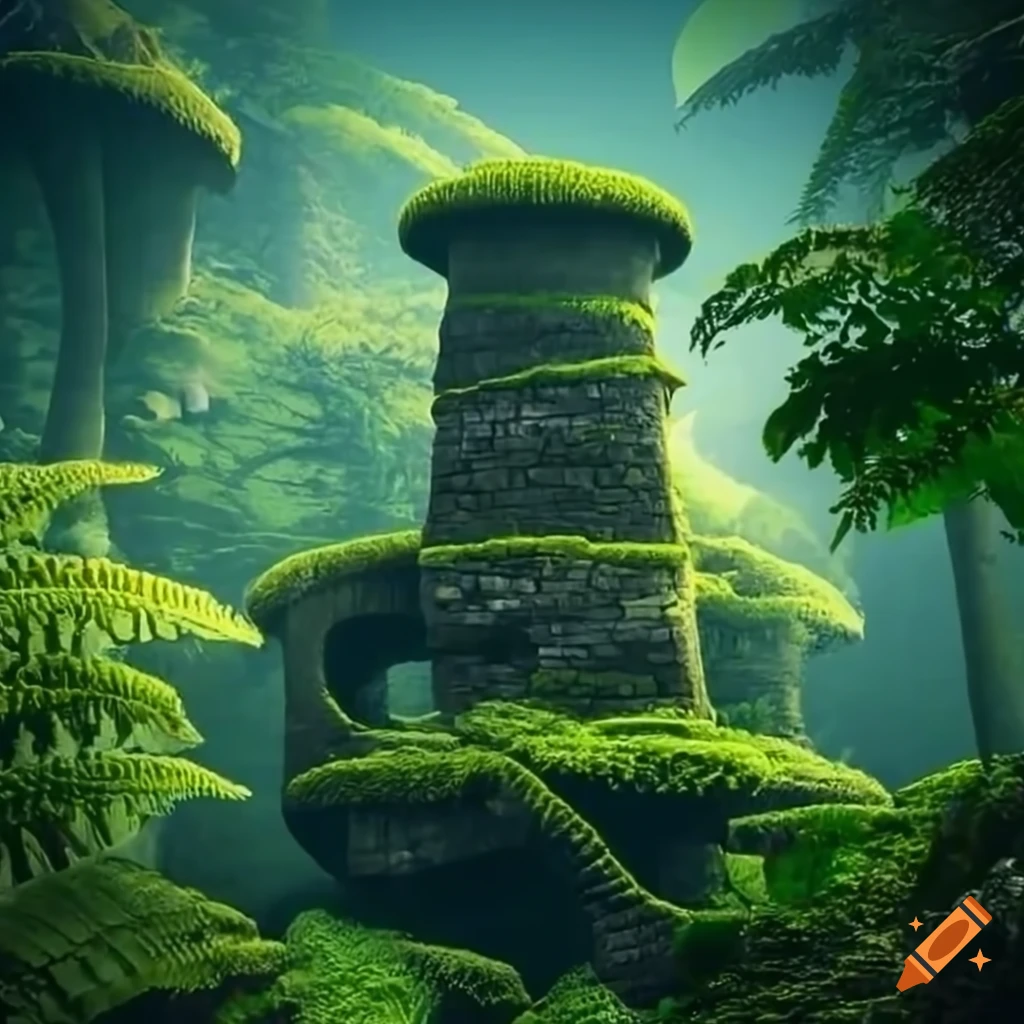 Medieval stone towers and walls in a forest