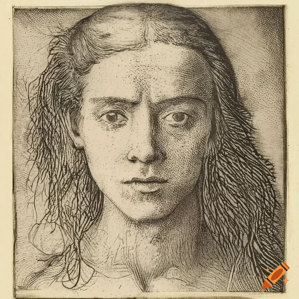 Etching side view of a young man with wavy black hair on Craiyon