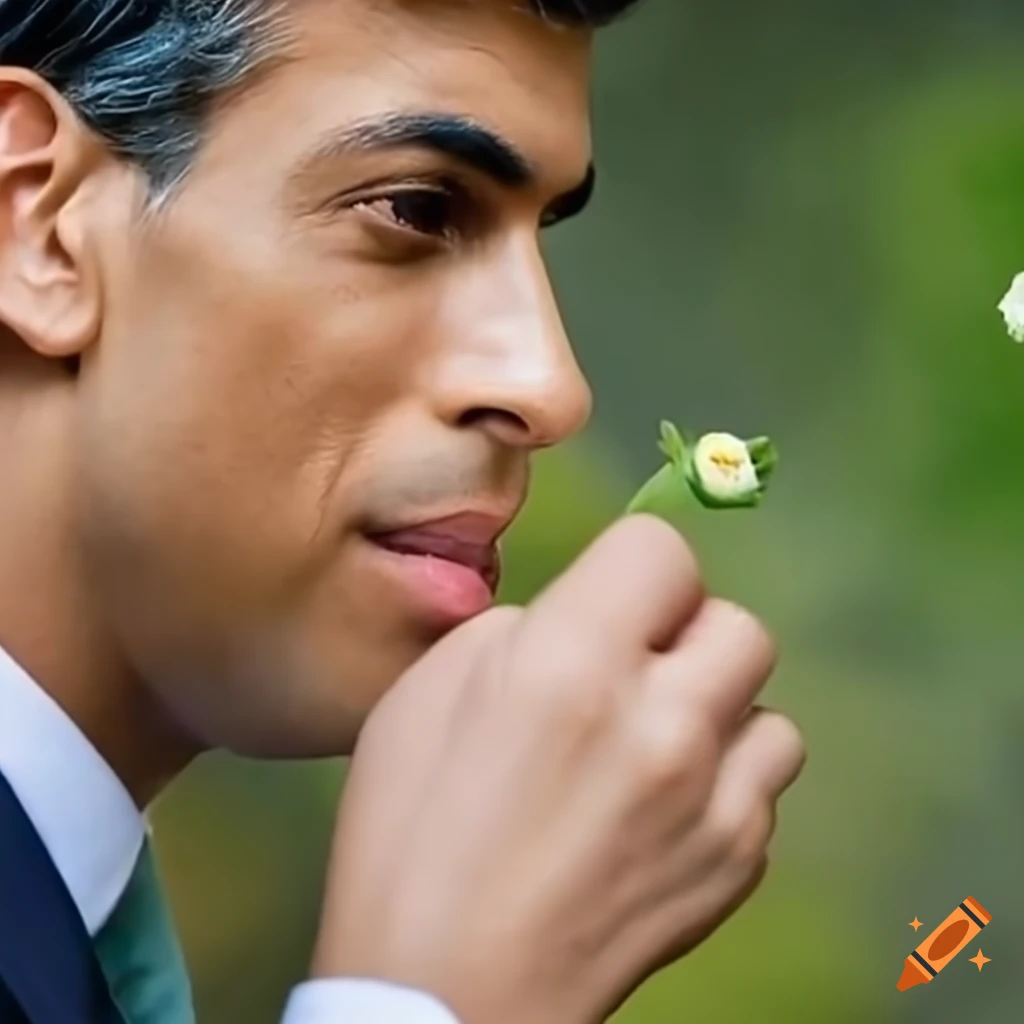 Rishi sunak smelling a flower on Craiyon