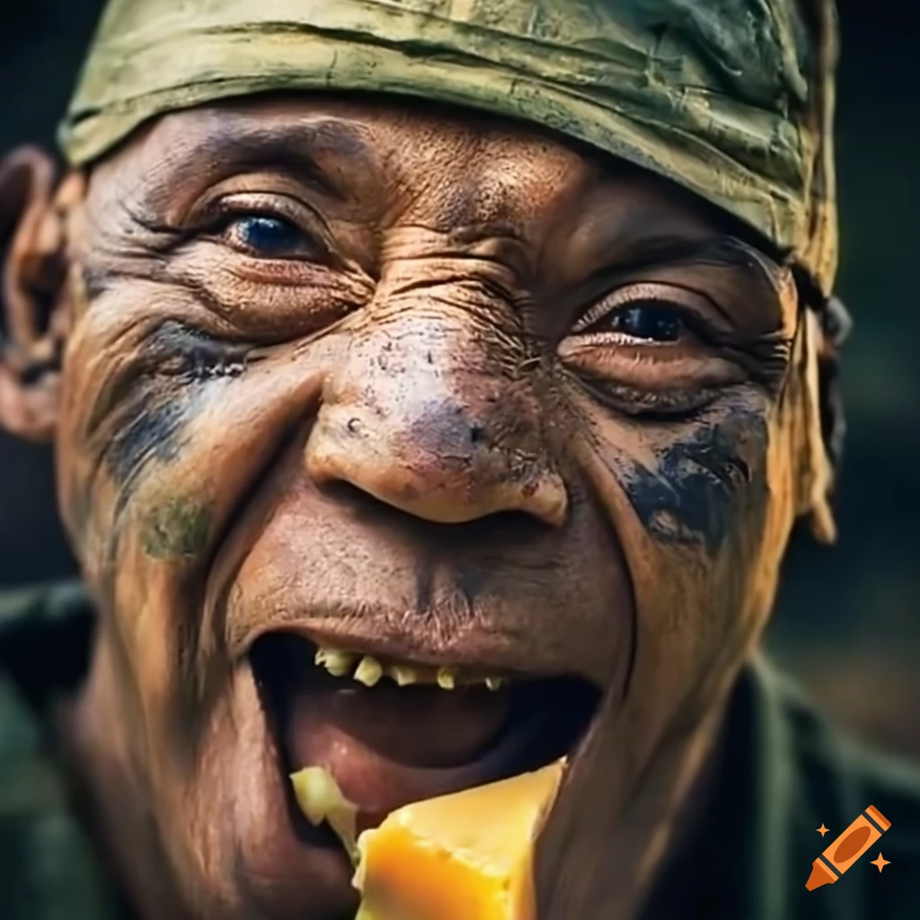 Smiling soldier holding a large slice of cheese on Craiyon