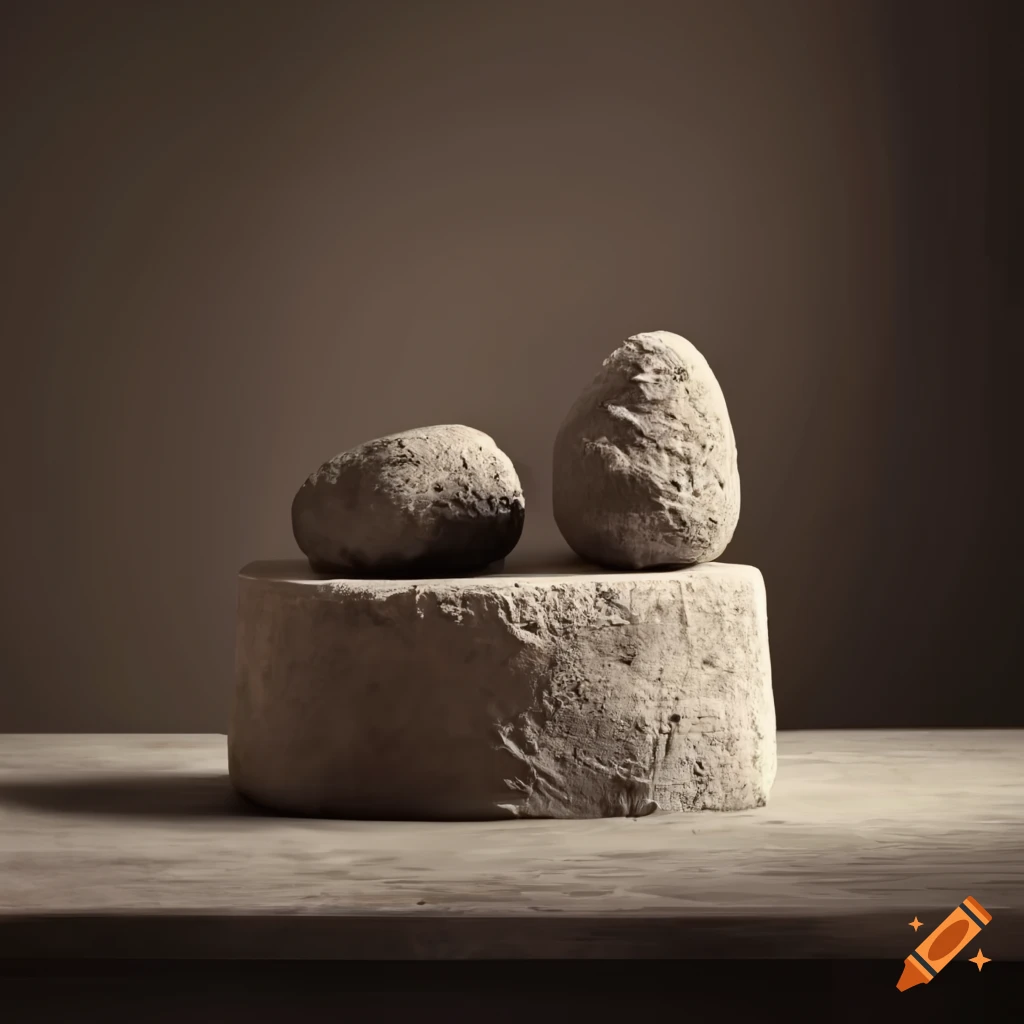 Irregular sculptural objects on table with shadows in dark room on Craiyon