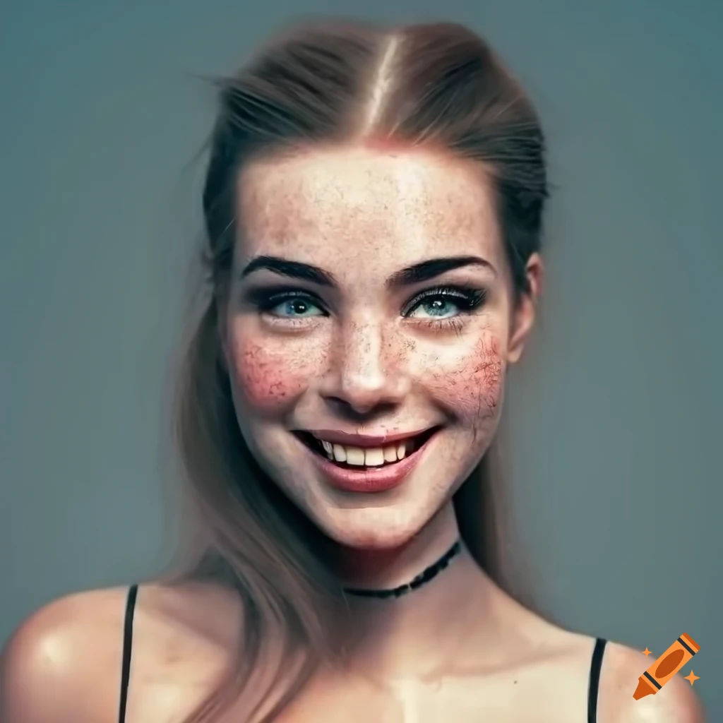 Portrait Of A Smiling Woman With Freckles And Brown Hair