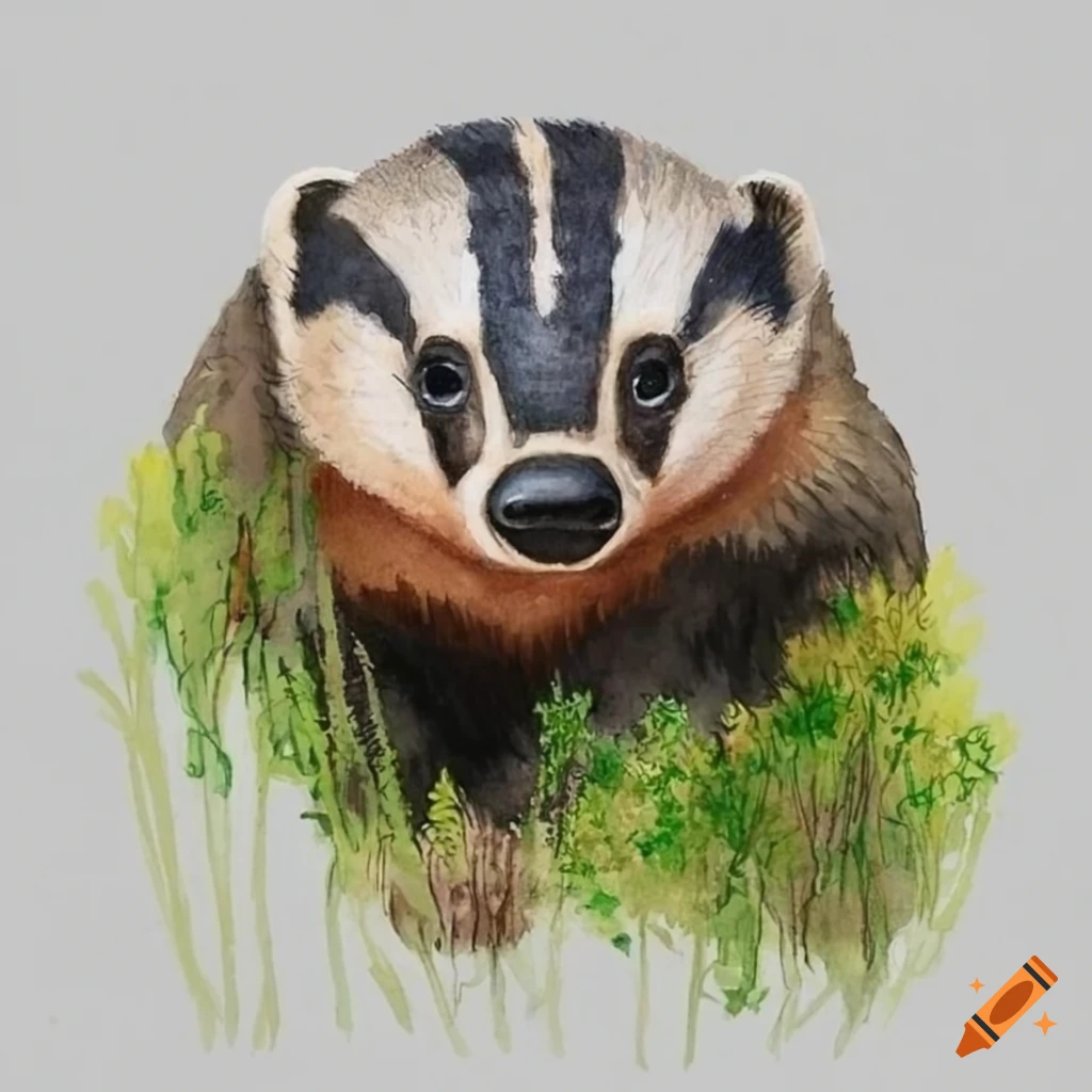 Realistic watercolor painting of an american badger made of moss