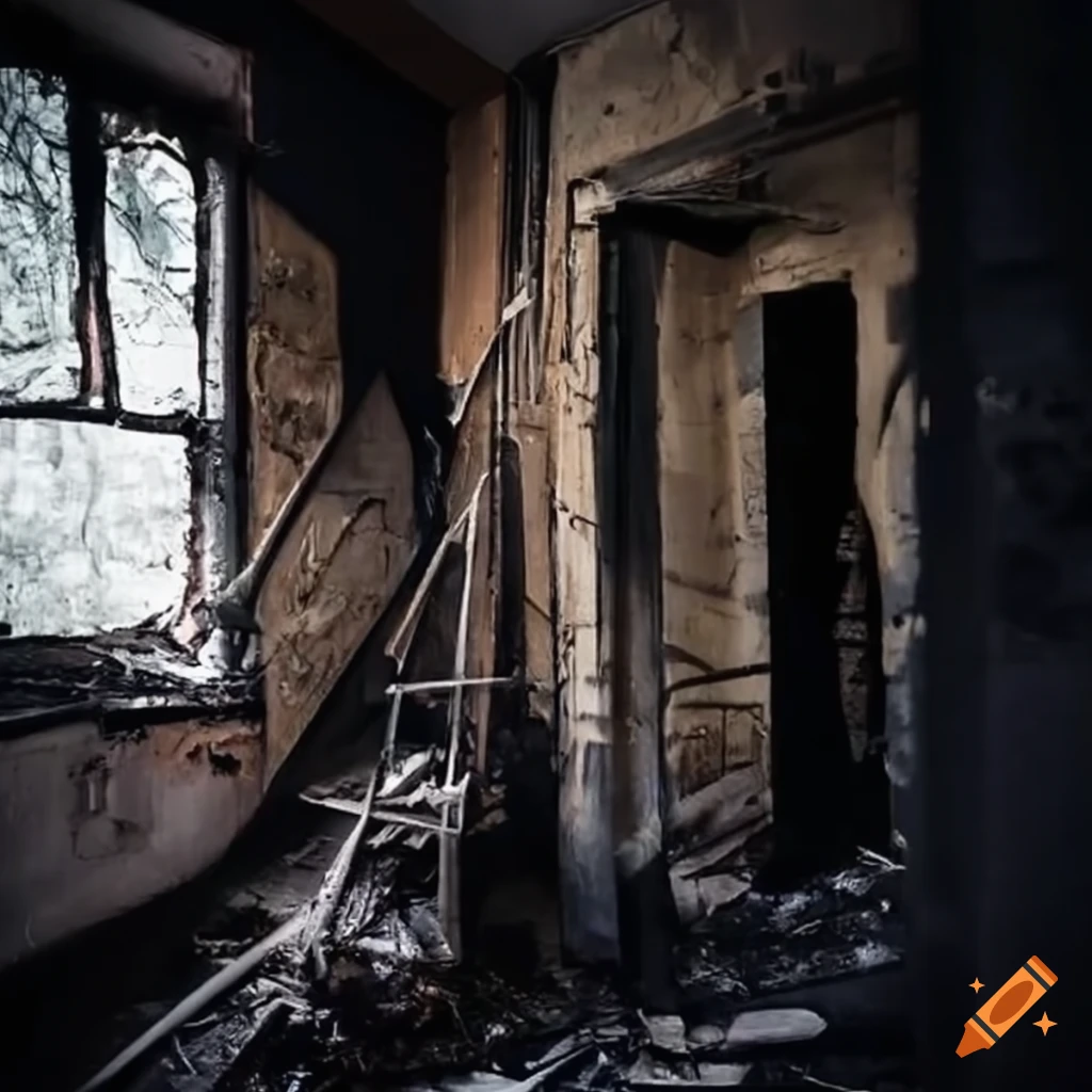 Image of a burnt destroyed house on Craiyon